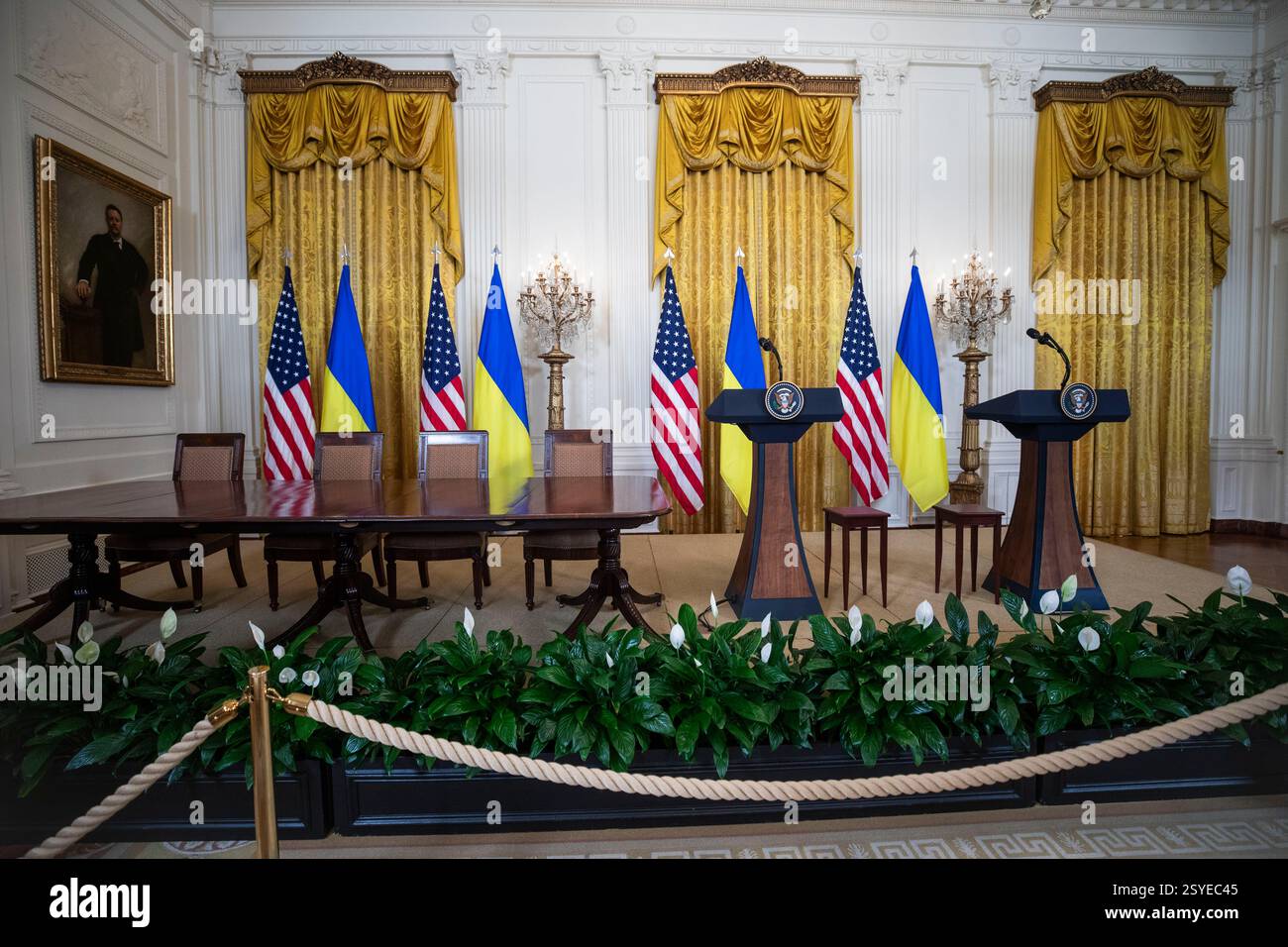 Podiums and a table that were set up for an intended joint press ...