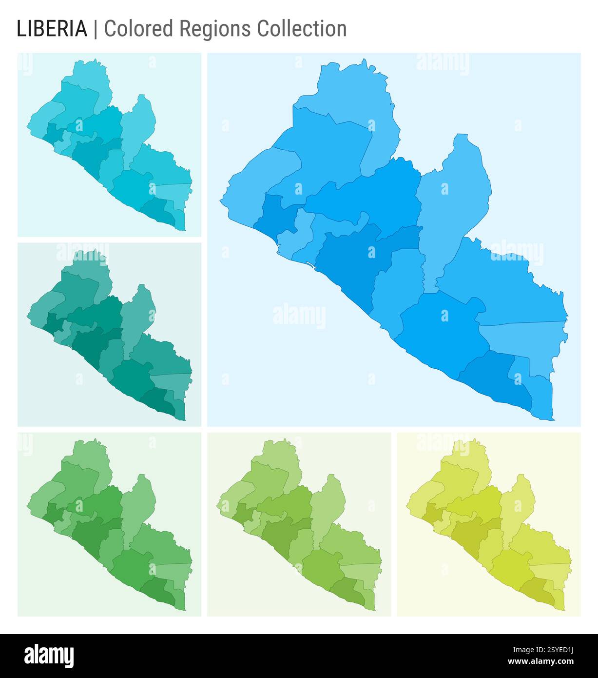 Liberia map collection. Country shape with colored regions. Light Blue ...