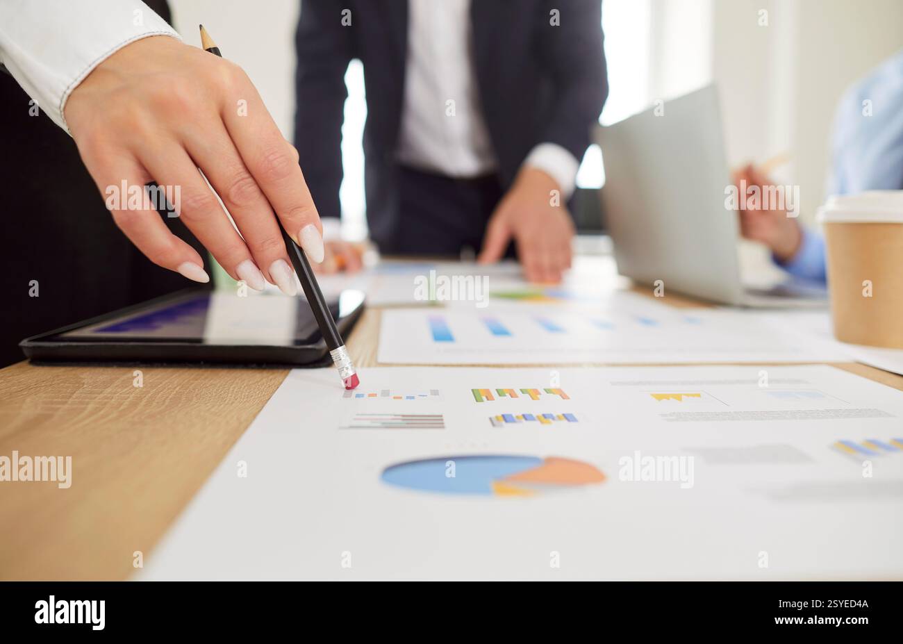 Professional company members close up workers gathered at conference ...