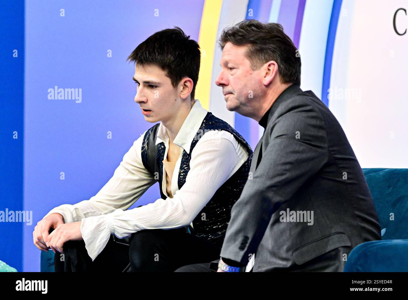 David BONDAR (CAN), at Kiss & Cry, during Junior Men Free Skating, at ...