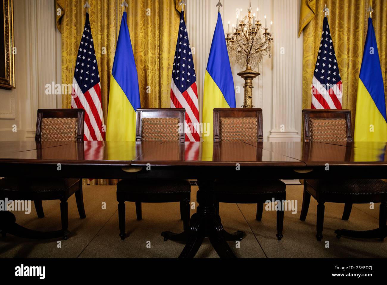 The table where Ukrainian President Volodymyr Zelensky and U.S ...