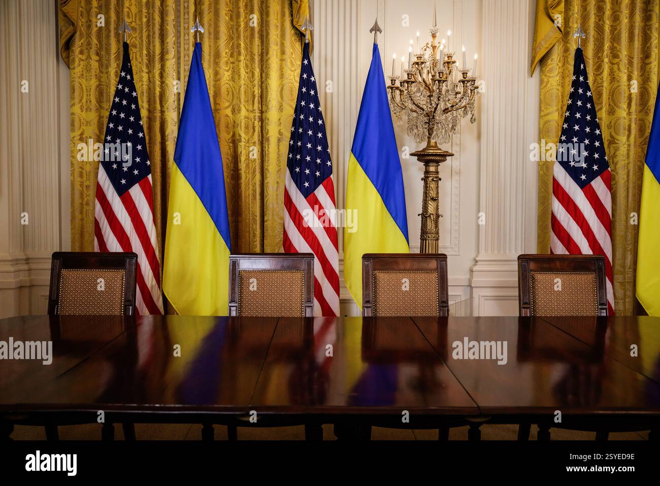 The table where Ukrainian President Volodymyr Zelensky and U.S ...