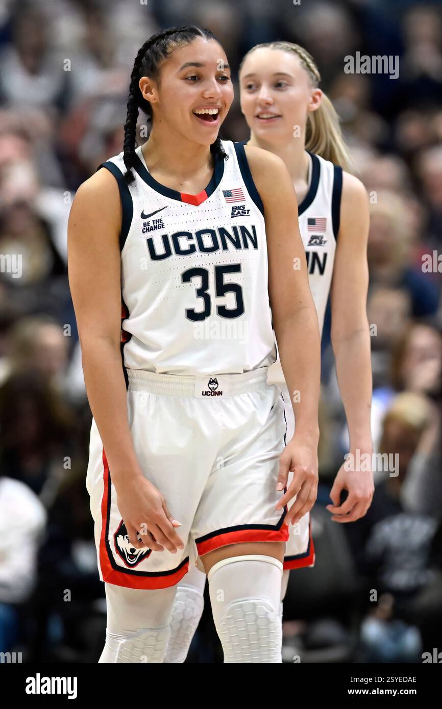 UConn guards Azzi Fudd (35) and Paige Bueckers (5) in the first half of ...