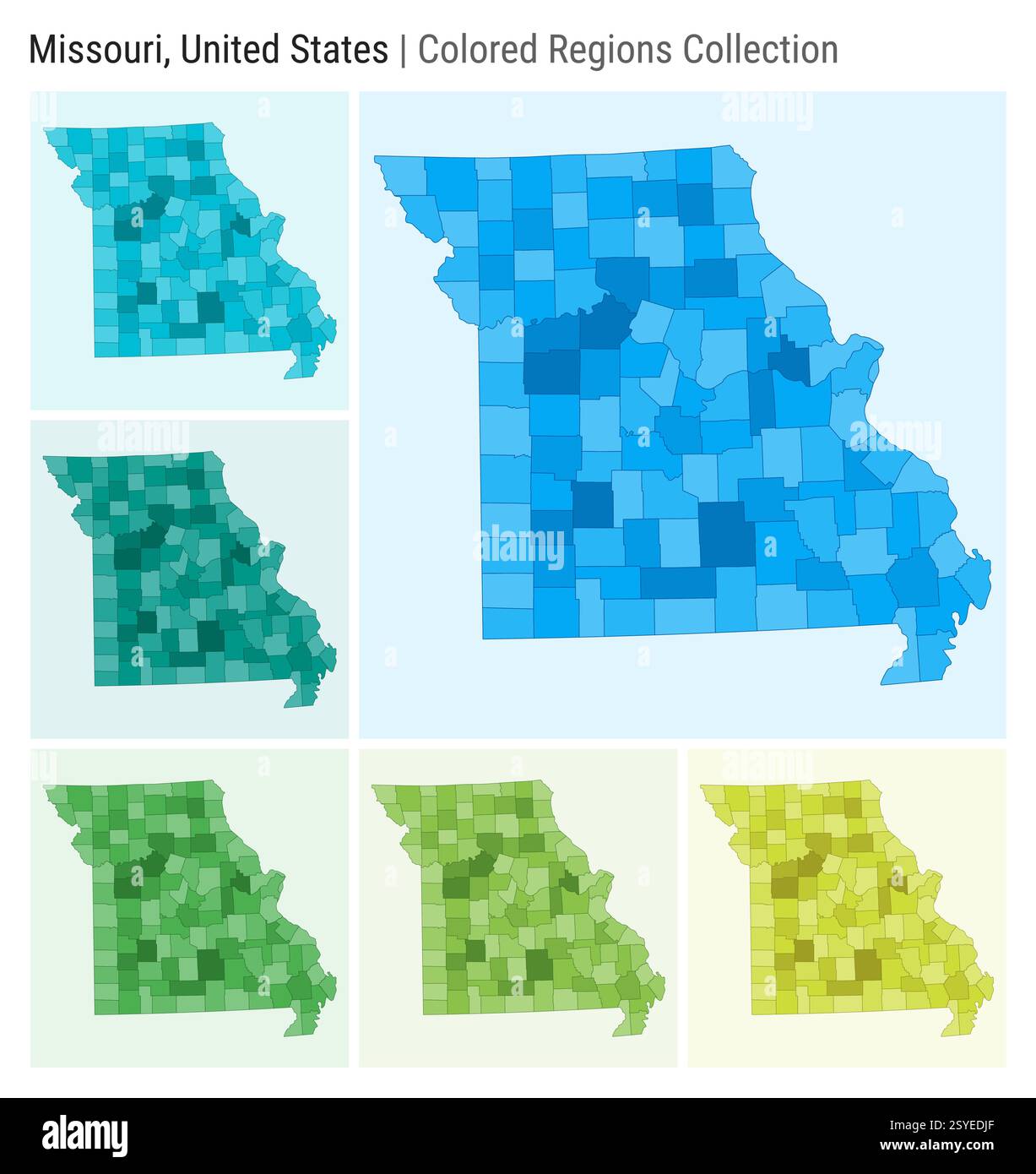 Missouri, United States. Map collection. State shape. Colored counties ...