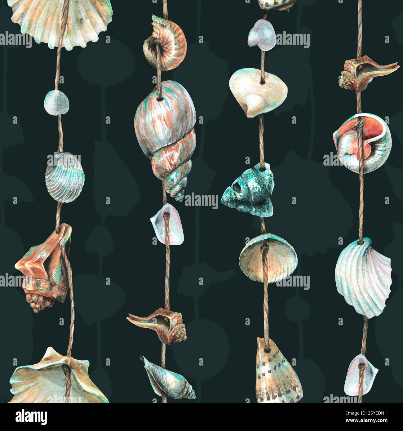 Various seashells are round, spiral, suspended on ropes. Marine ...