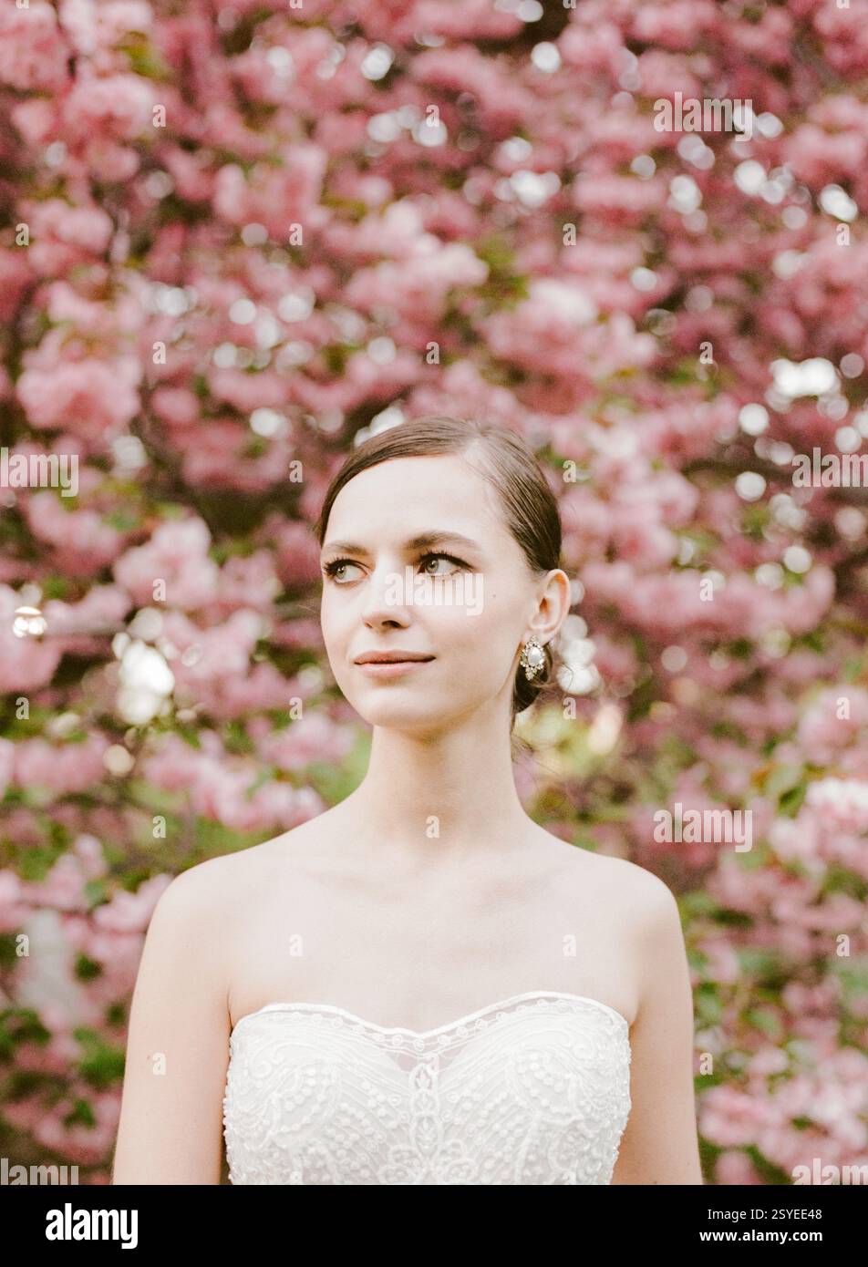 A bride in a white gown poses in front of vibrant pink cherry blossoms ...