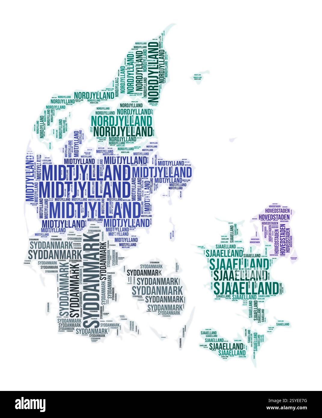 Denmark region word cloud. Country shape design. Denmark colored ...