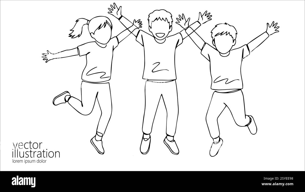 Happy kids jumping together. Raised hands simple outline. Children's ...