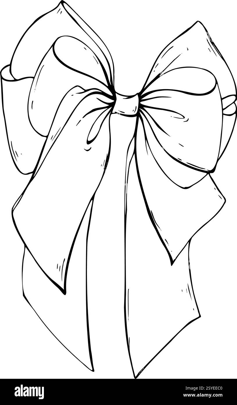 Satin fabric bow, wide, multi-layered with long ribbons. Graphic sketch ...