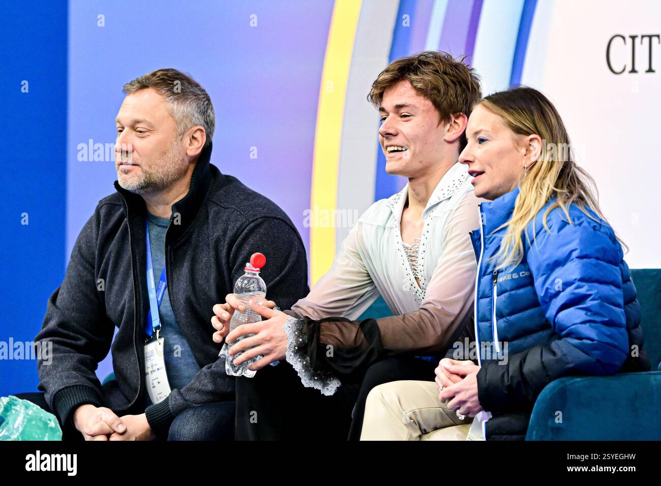 Tamir KUPERMAN (ISR), at Kiss & Cry, during Junior Men Free Skating, at ...