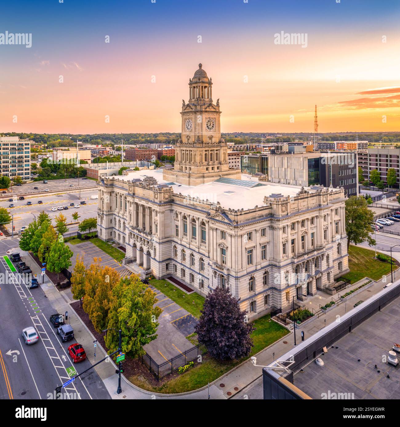 Aerial view of Polk County courthouse, in Des Moines, Iowa at sunset ...
