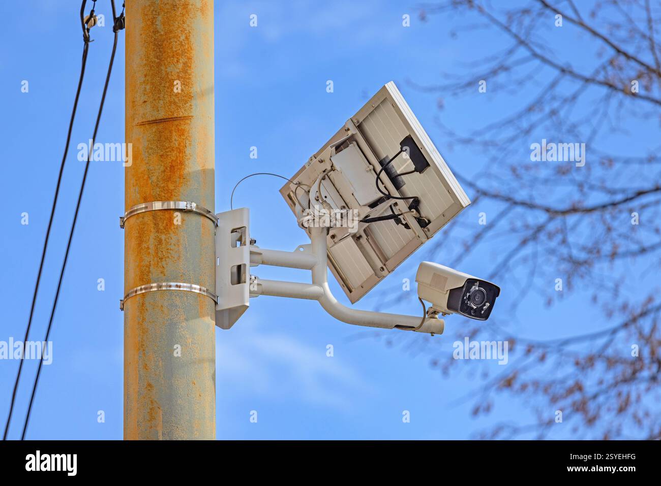 Surveilance Camera CCTV With Solar Panel Power Mounted at Pole Stock ...