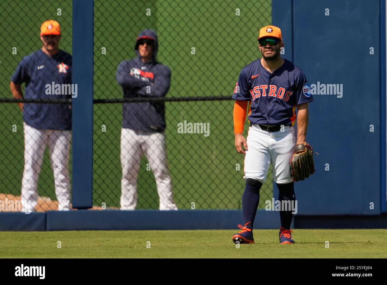 Houston Astros' Jose Altuve takes up his position in left field during ...