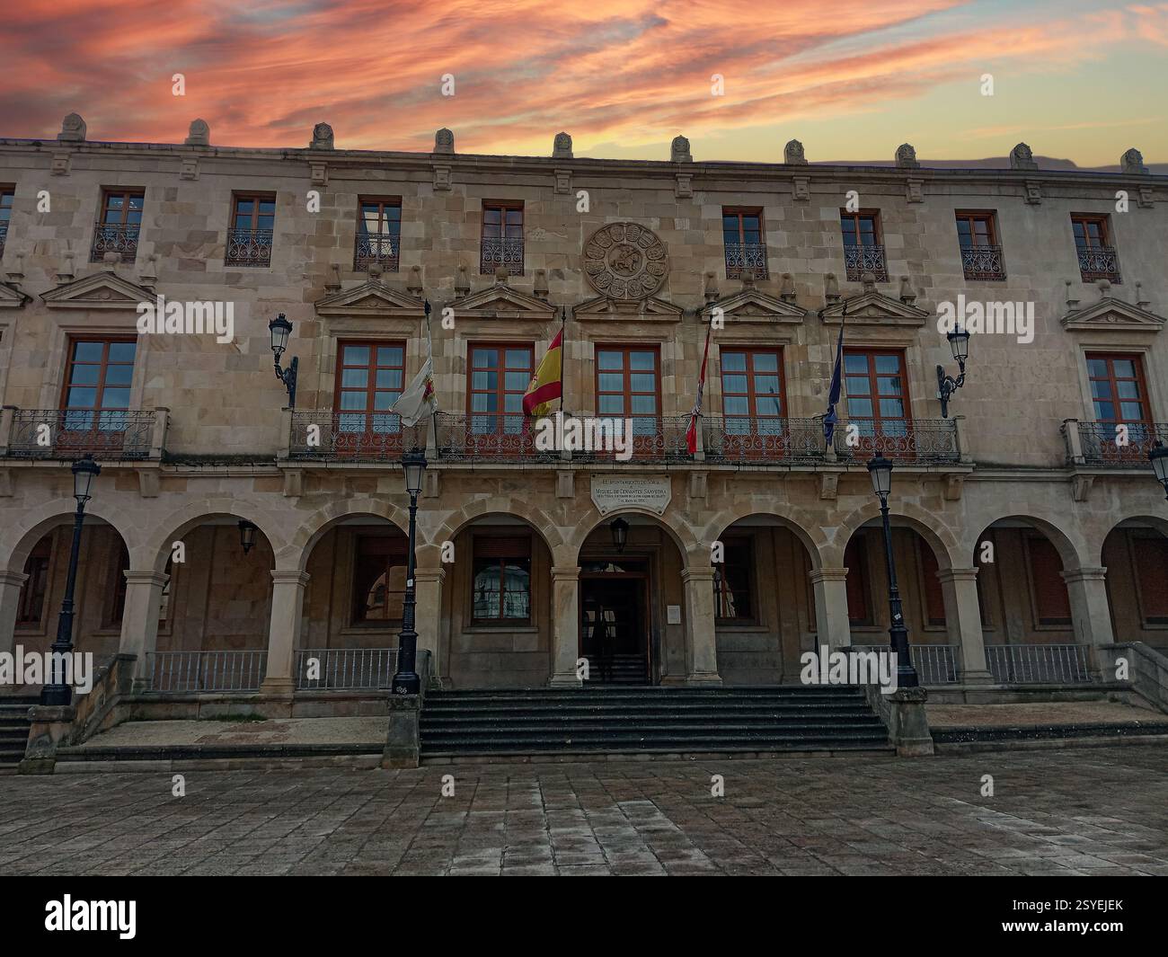 The Ayuntamiento de Soria, Spain, features a grand stone facade, arched ...