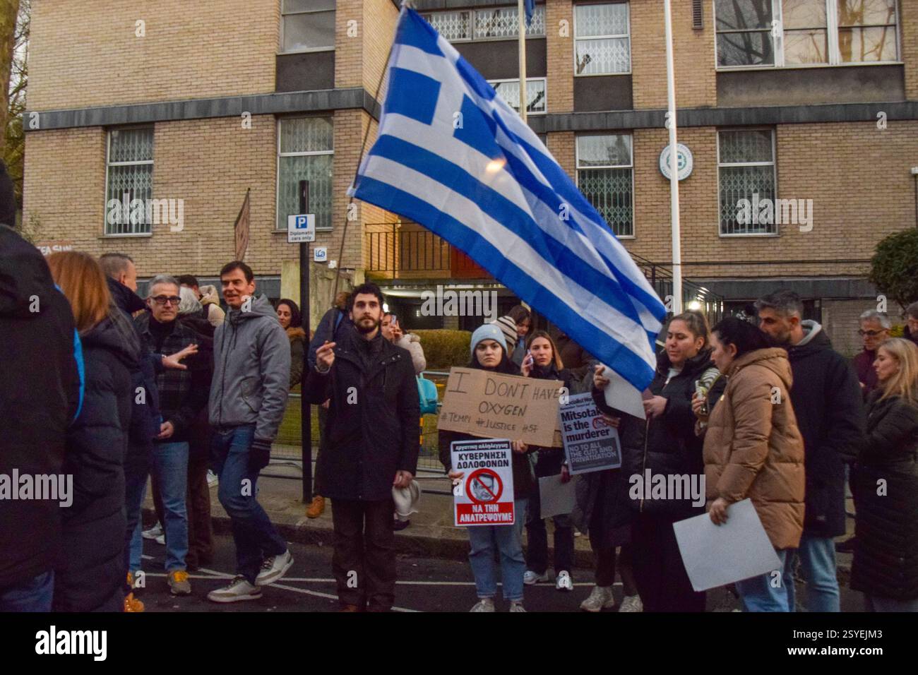 London, UK. 28th February 2025. Members of the Greek diaspora gather ...