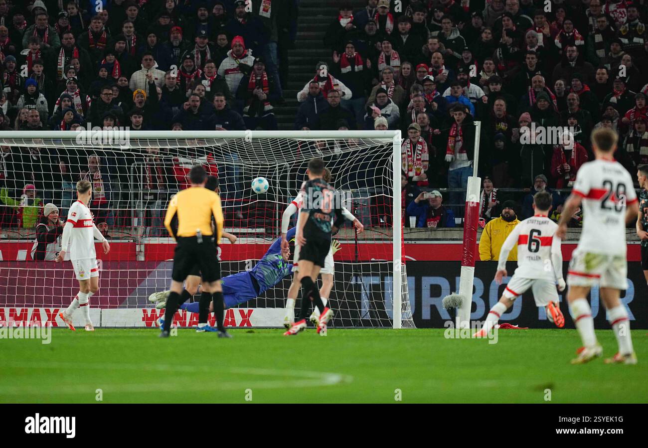 MHP Arena, Stuttgart, Germany. 28th Feb, 2025. Angelo Stiller of VfB Stuttgart scores and ...