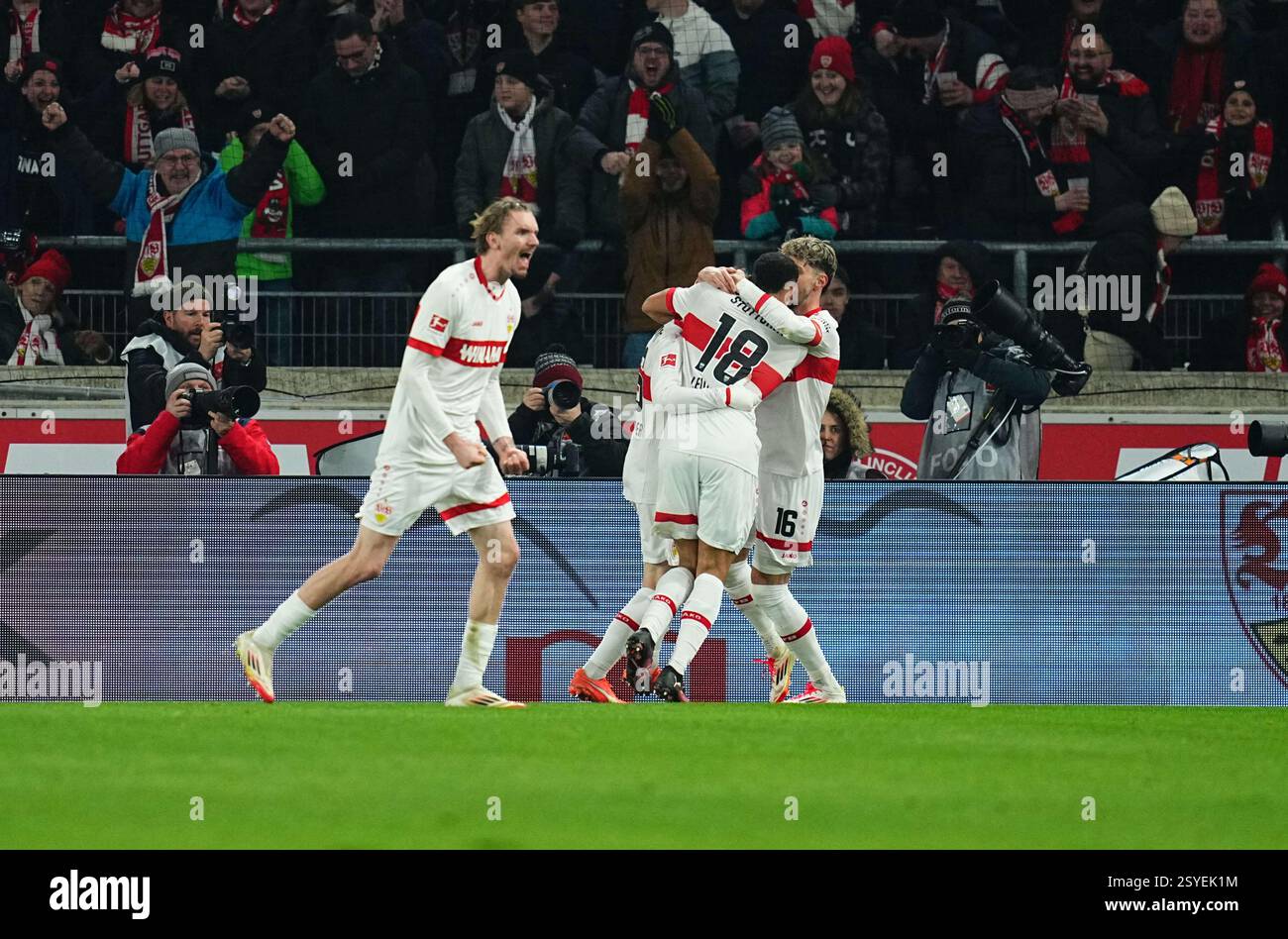 MHP Arena, Stuttgart, Germany. 28th Feb, 2025. Angelo Stiller of VfB Stuttgart scores and ...
