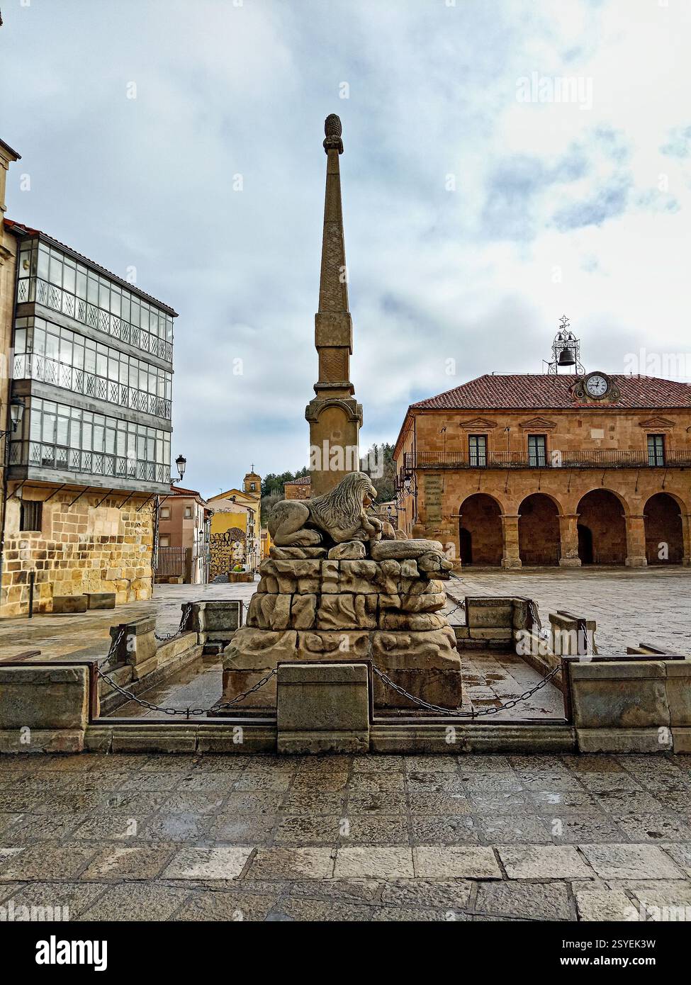 Traditional Spanish square with monuments and historic buildings Stock ...