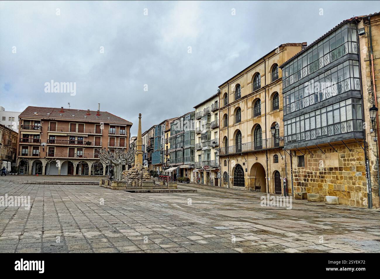 Traditional Spanish square with monuments and historic buildings Stock ...
