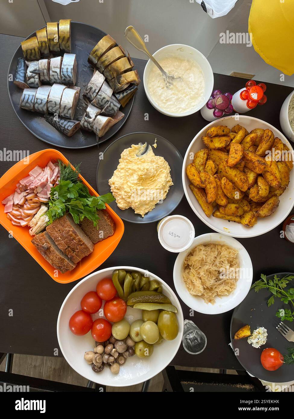 Traditional Slavic Feast with Smoked Fish and Pickles Stock Photo - Alamy