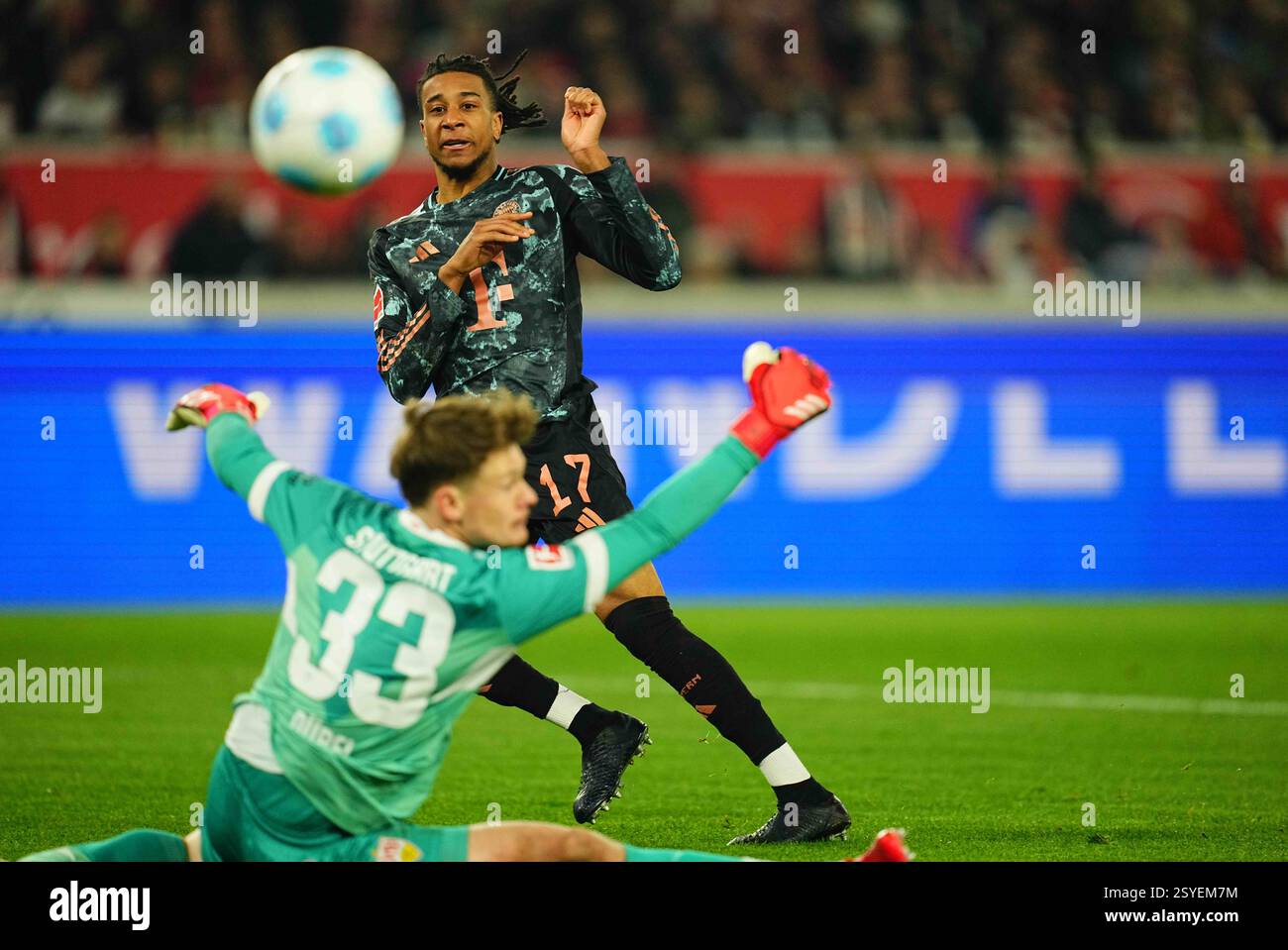 MHP Arena, Stuttgart, Germany. 28th Feb, 2025. Michael Olise of Bayern ...