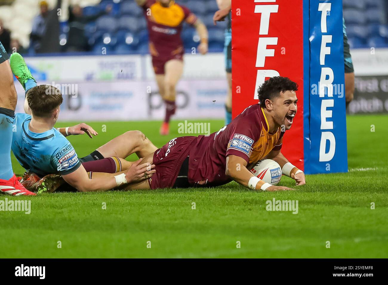 Try Huddersfield Jacob Gagai*** during the Super League match between ...