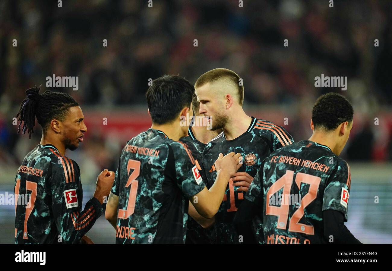 February 28 2025: Michael Olise of Bayern Munich scores and celebrates ...