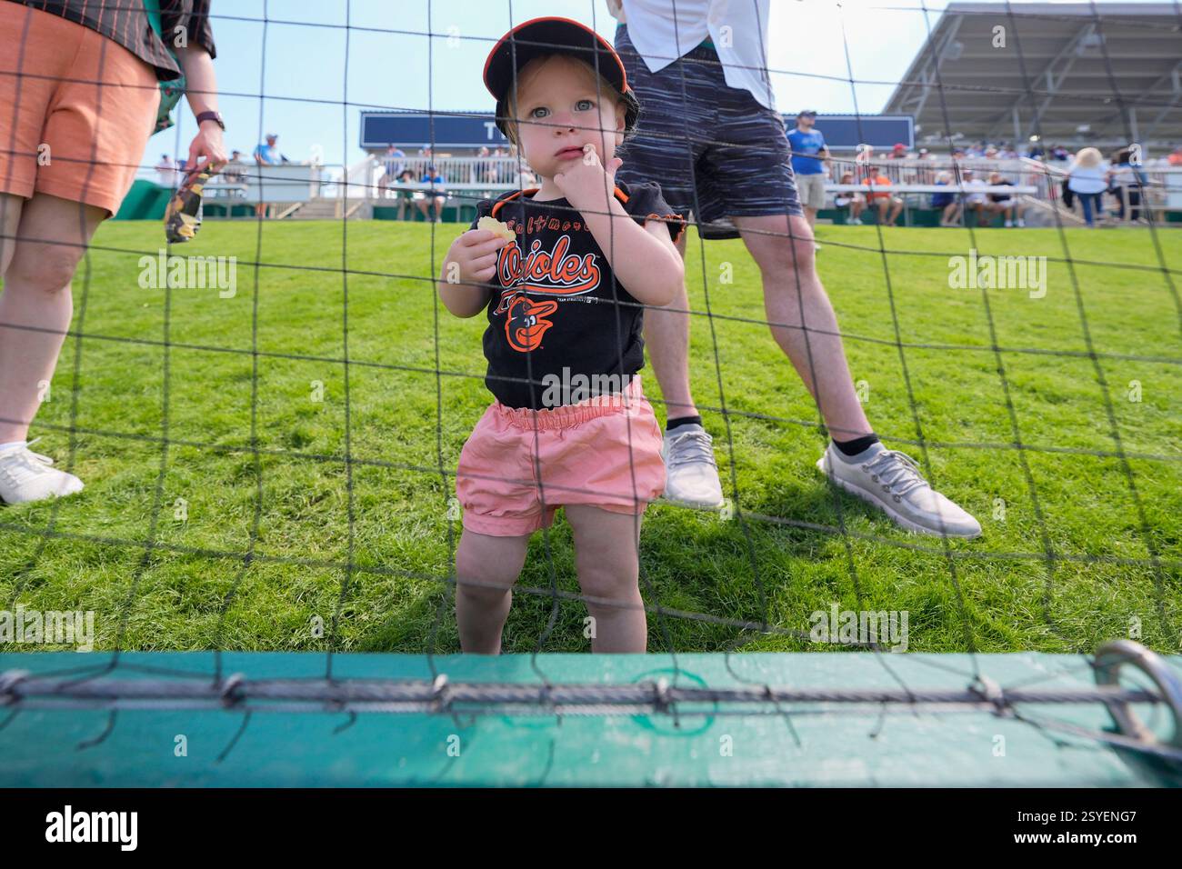 Ezri Majeski, 18 months, watches players warm up before a spring ...