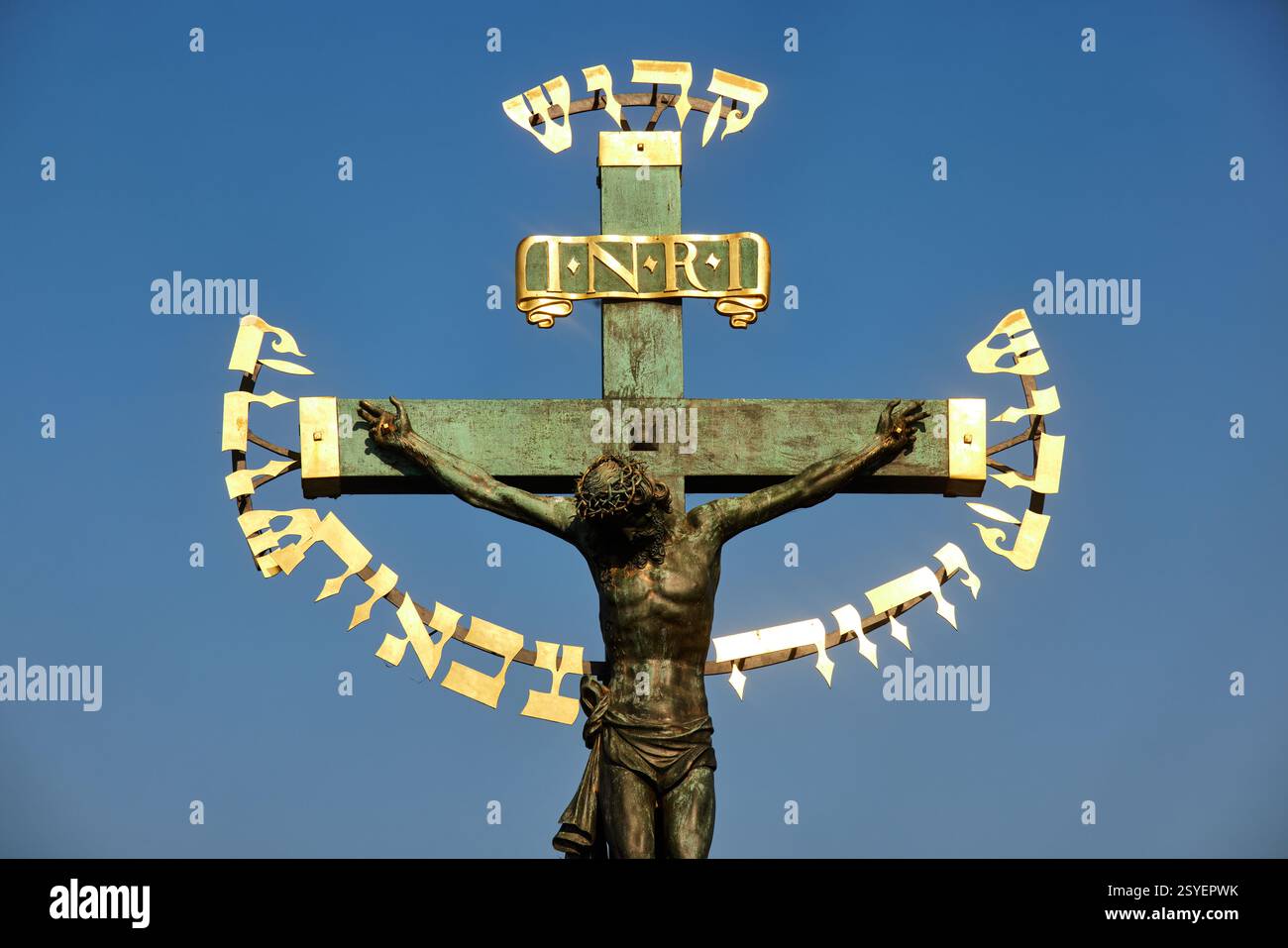 Prague, capital city Czech Republic, Charles Bridge Statue of Crucifix ...