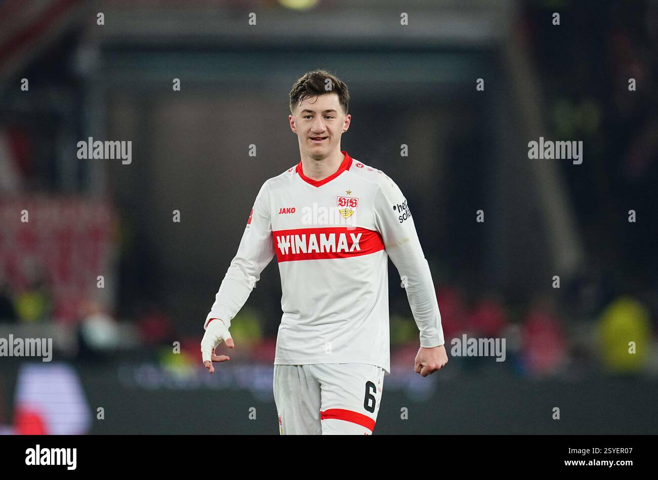 February 28 2025: Angelo Stiller of VfB Stuttgart looks on during a 1 ...