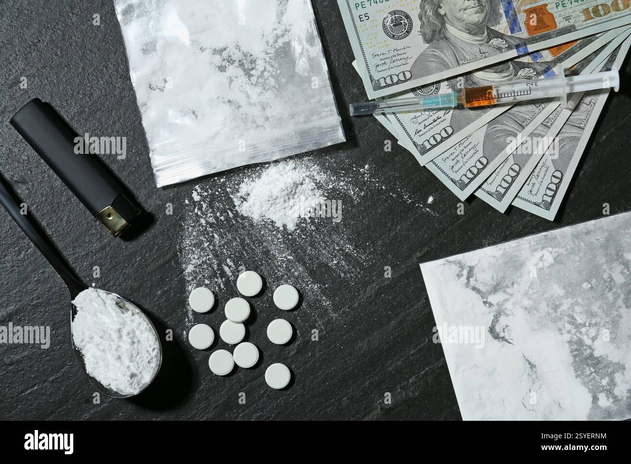 Flat lay composition with different drugs on black textured table Stock ...
