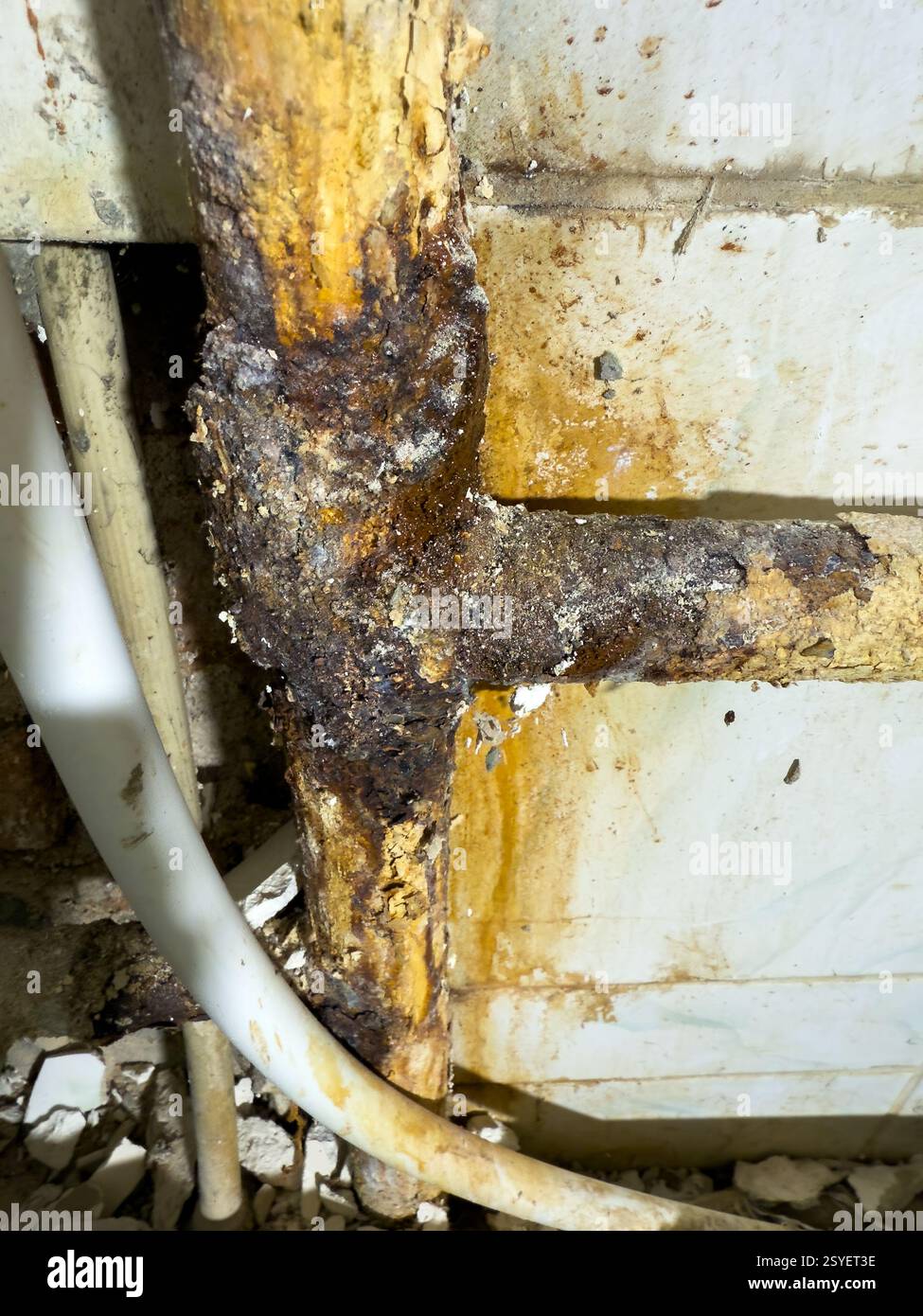 Closeup view of strong rust present at plumbing joints, which ...
