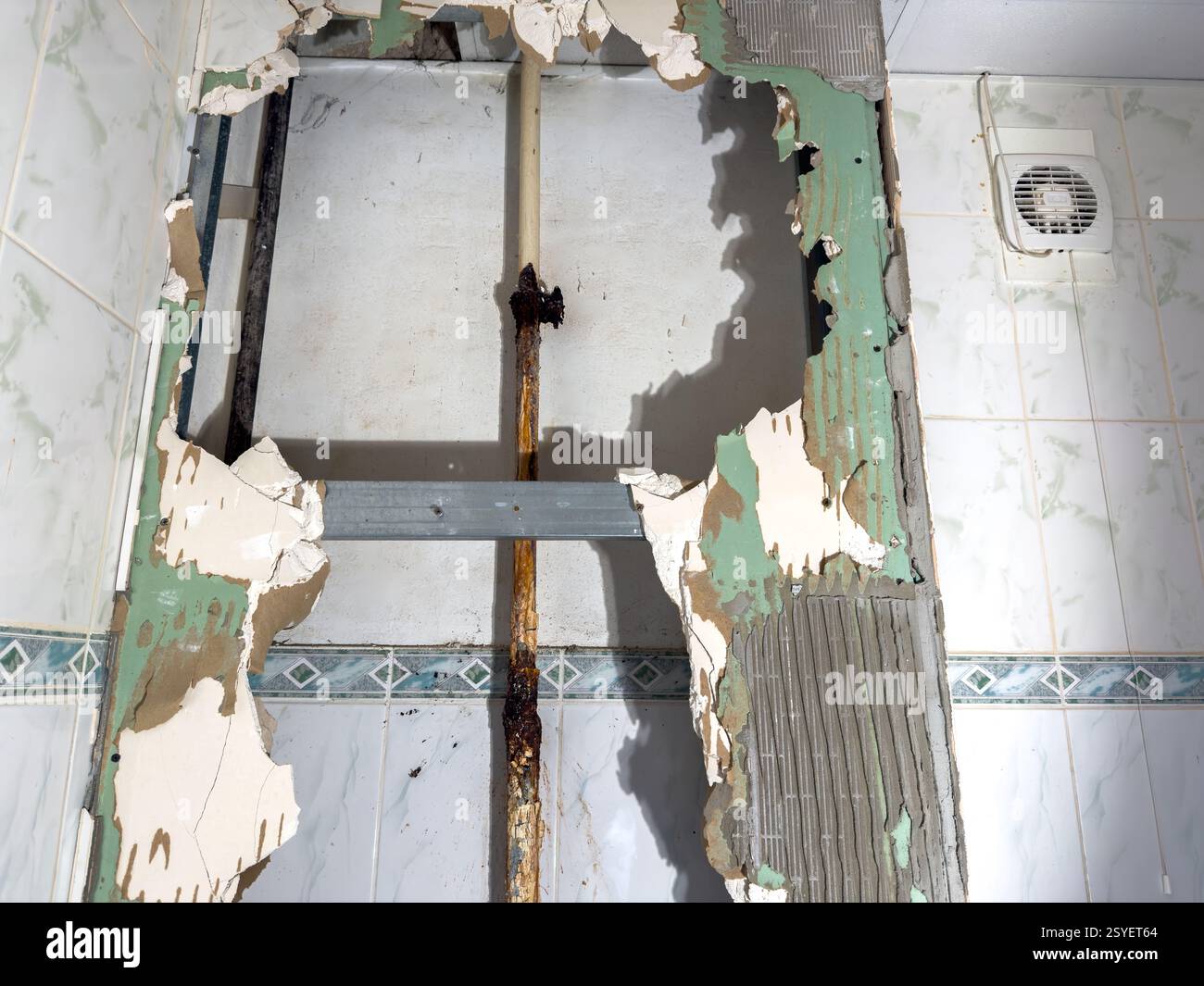 A detailed closeup view of a wall that has been significantly damaged ...