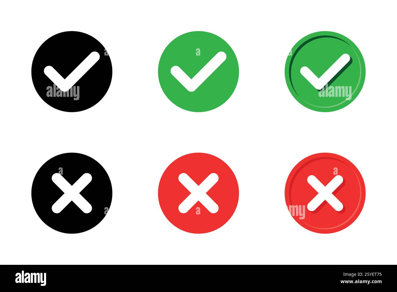 A collection of simple, circular check and cross icons in black, green ...