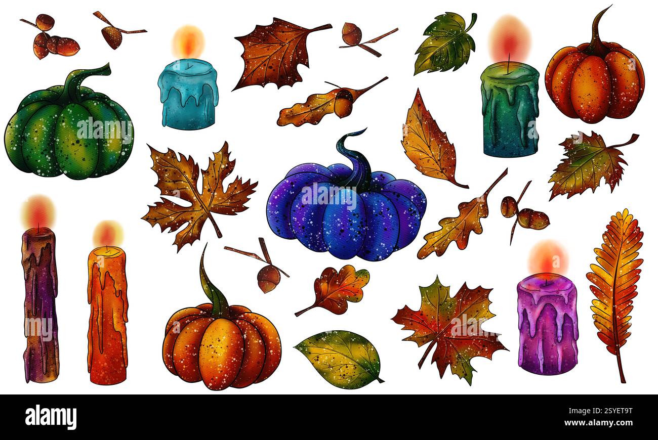 Clipart autumn set with autumn leaves, pumpkins, acorns and candles ...
