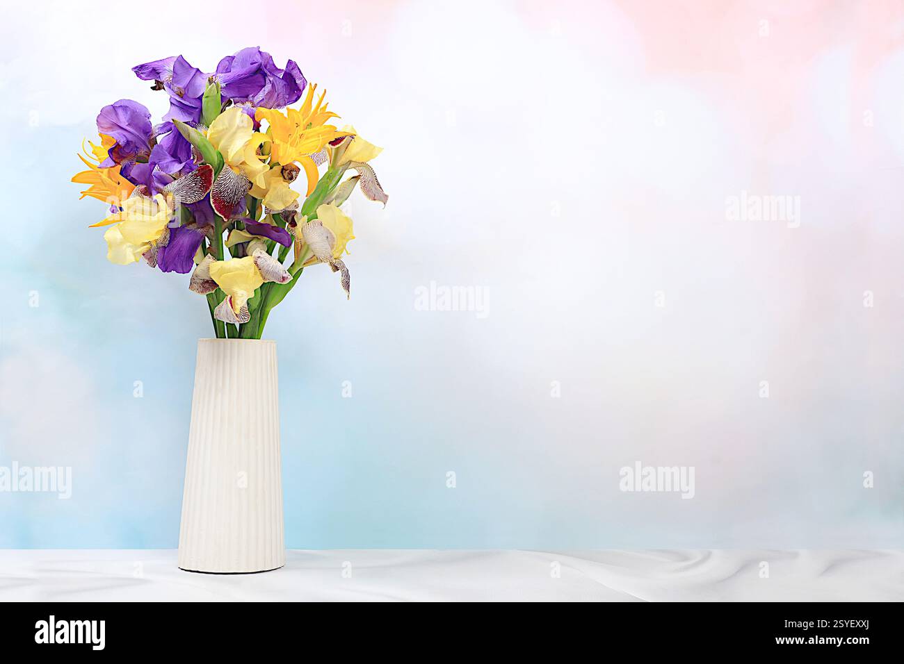 Abstract floral composition, beautiful Siberian irises on an elegant ...