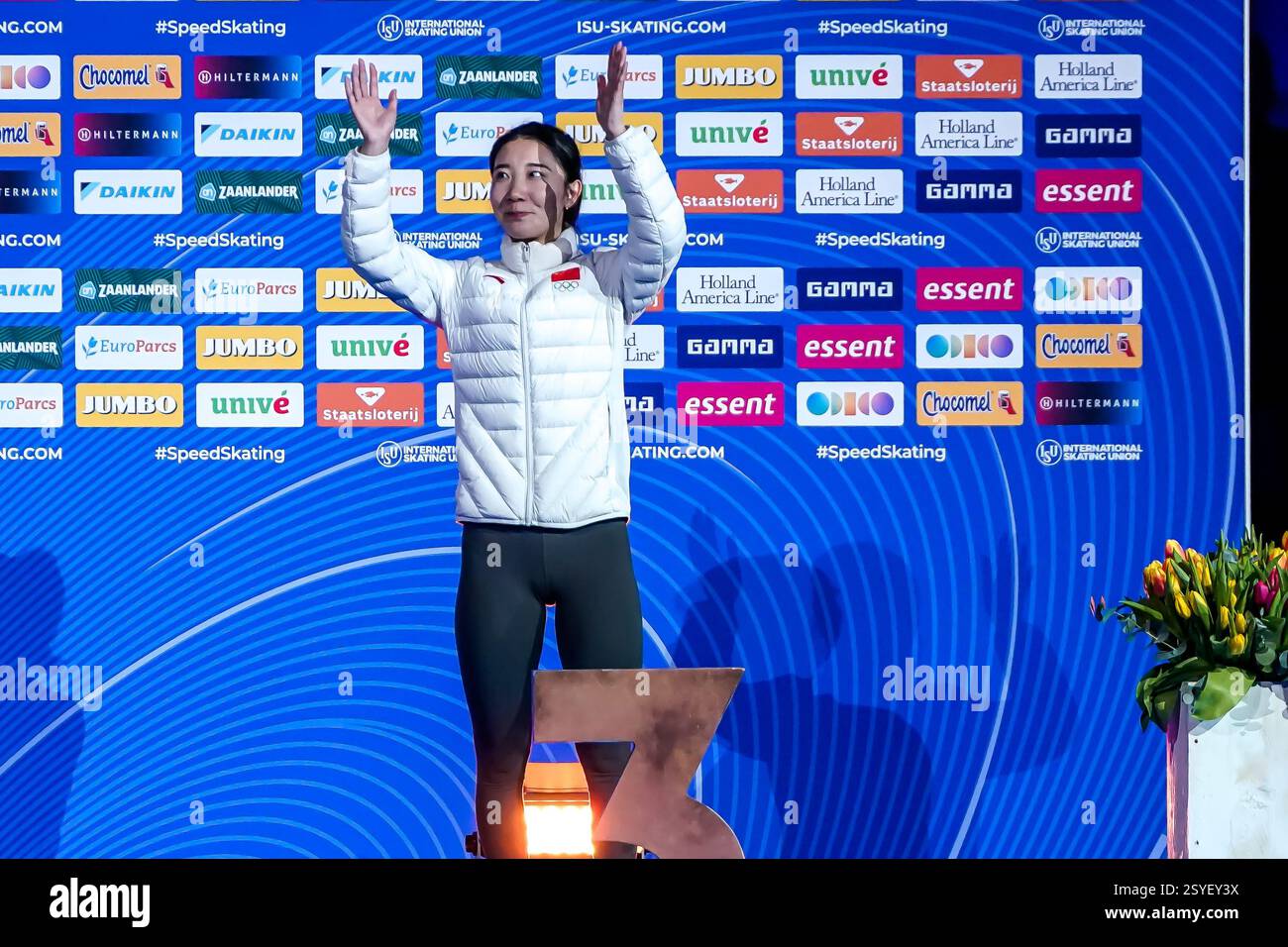 HEERENVEEN, NETHERLANDS - FEBRUARY 28: Mei Han of China during the ISU ...