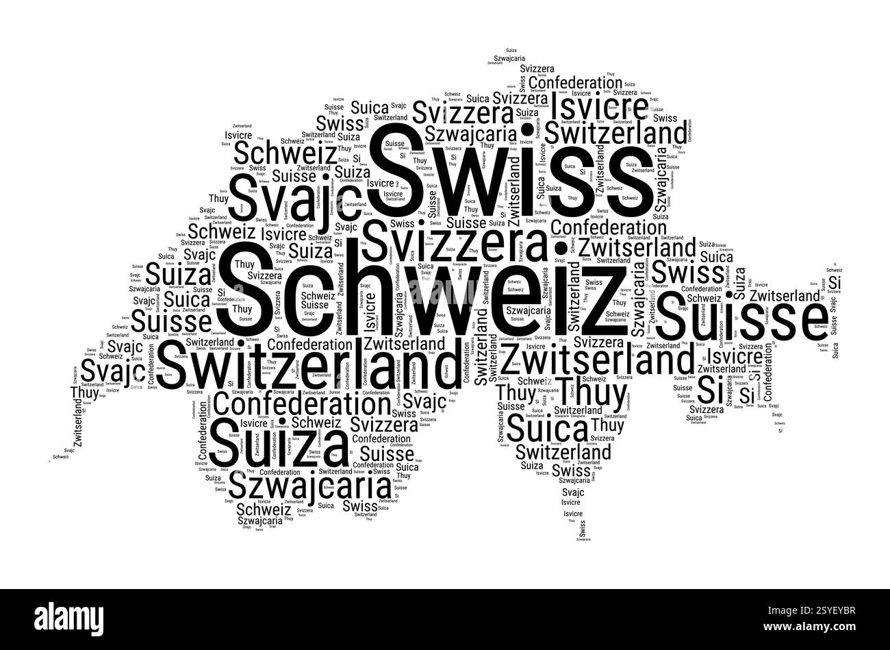 Black and white word cloud in Switzerland shape. Simple typography ...