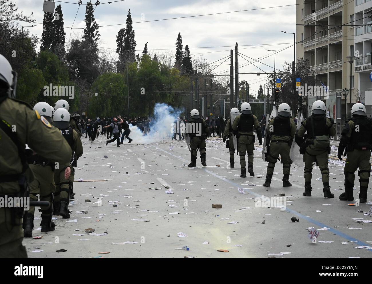 Athens, Greece, 28 February 2025. Riot Police clash with protesters who ...