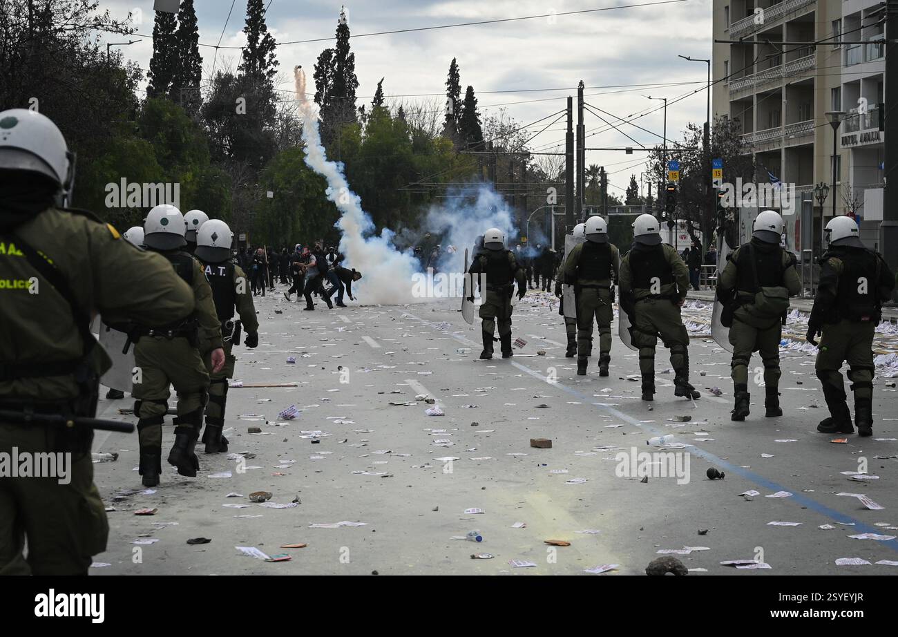 Athens, Greece, 28 February 2025. Riot Police clash with protesters who ...