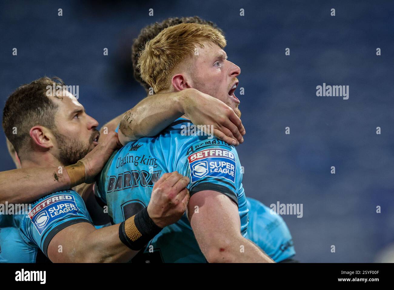Harvey Barron of Hull FC celebrates his try during the Betfred Super ...