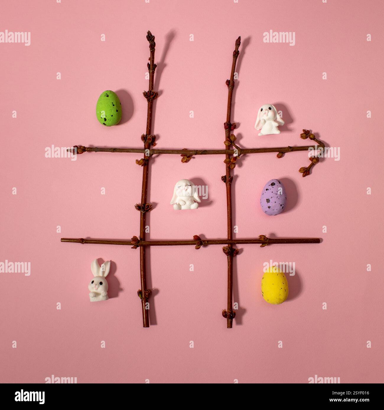 Tic tac toe with Easter elements white little bunnies and eggs. Flat ...
