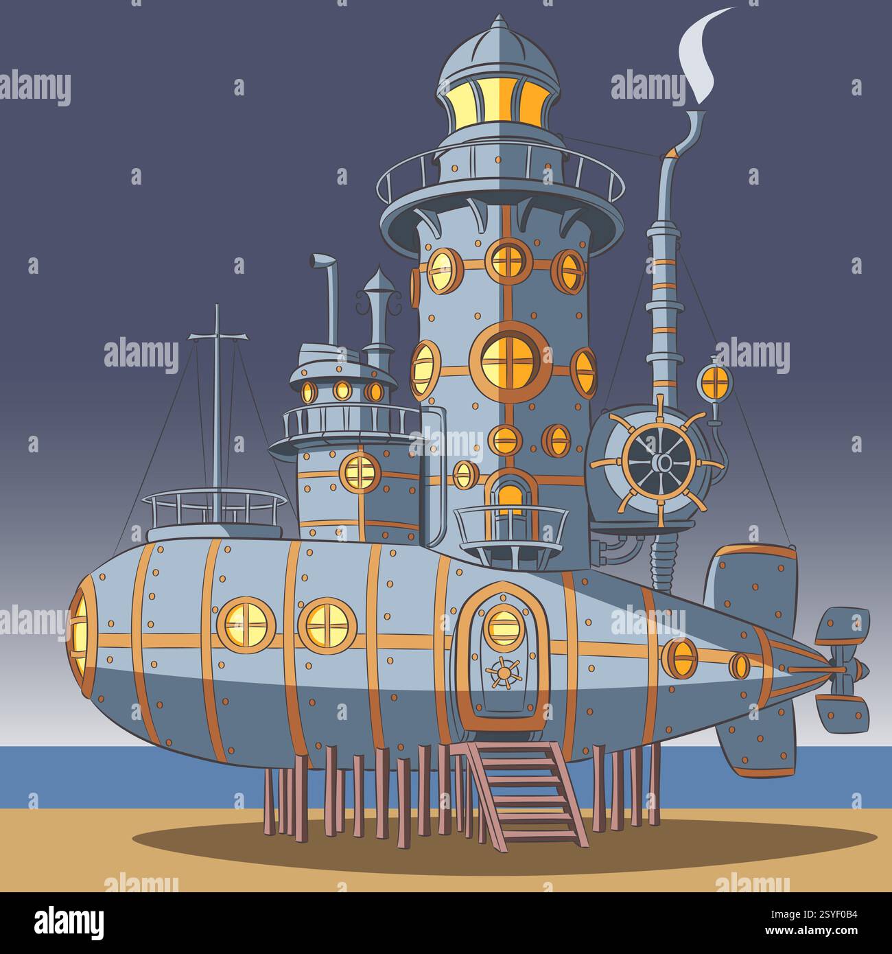 Steampunk house lighthouse in a submarine on the beach Stock Vector ...