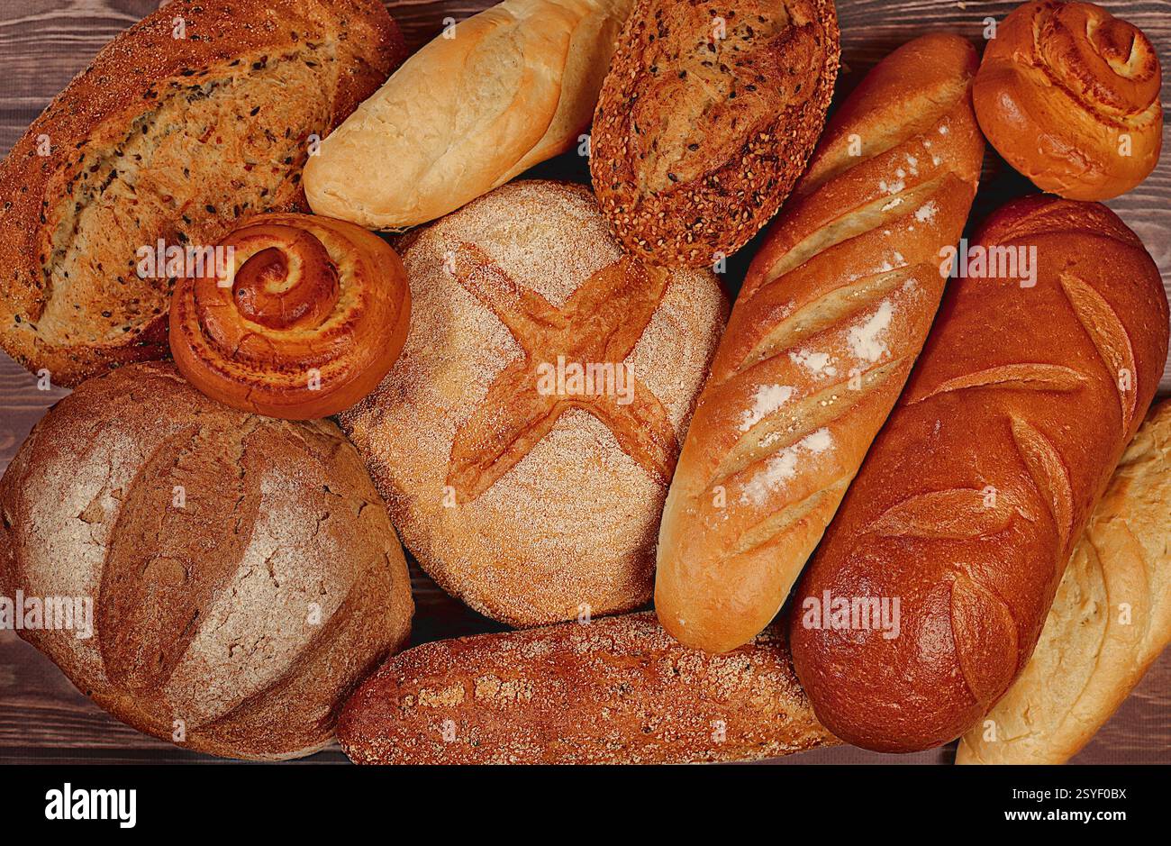 Freshly baked bakery products, whole grain homemade bread, different ...