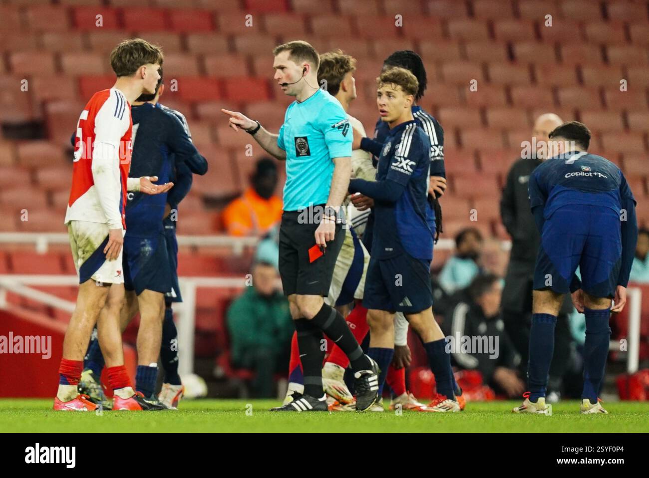 London, UK. 28th Feb, 2025. Will Sweet of Arsenal being shown a red ...