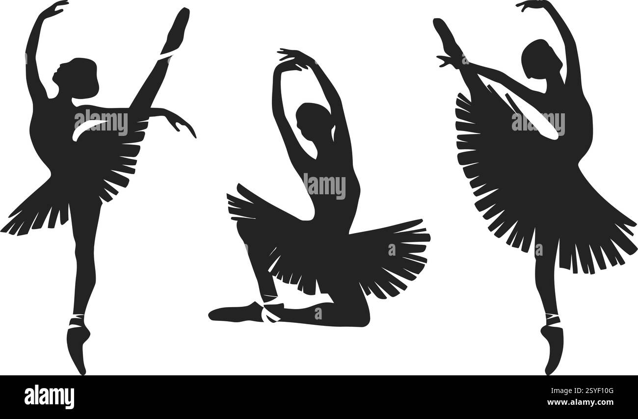 Set of Black Ballet Dancer Silhouettes in Various Classical Positions ...