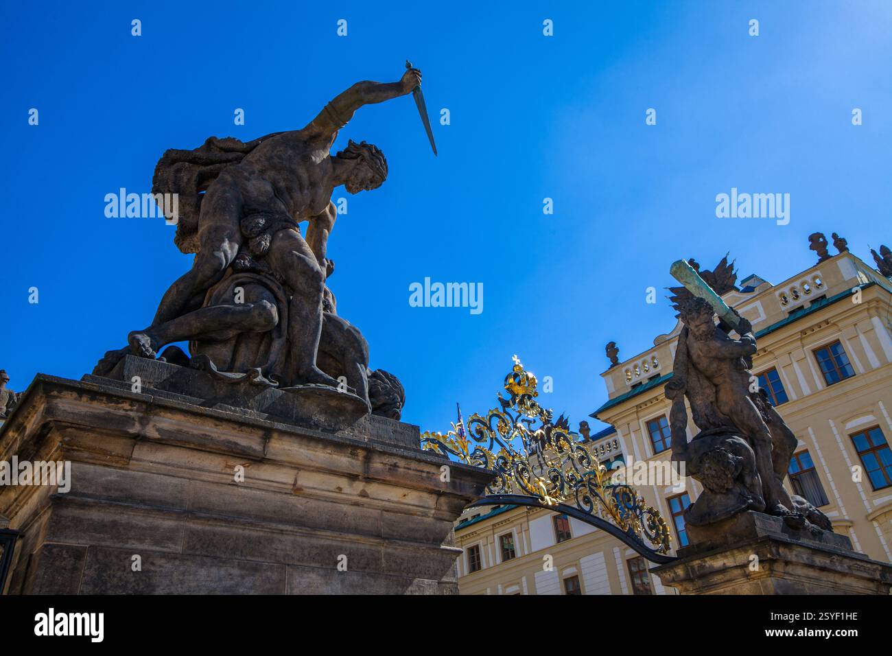 A panoramic view of a European cityscape with a historic castle complex ...