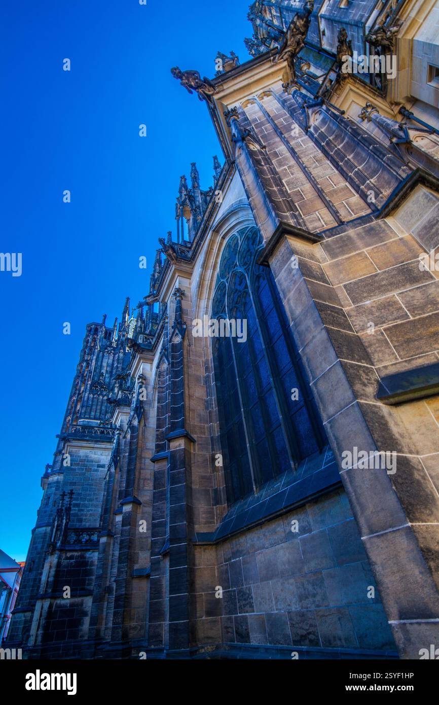 A low-angle perspective captures the grandeur of a gothic cathedral's ...