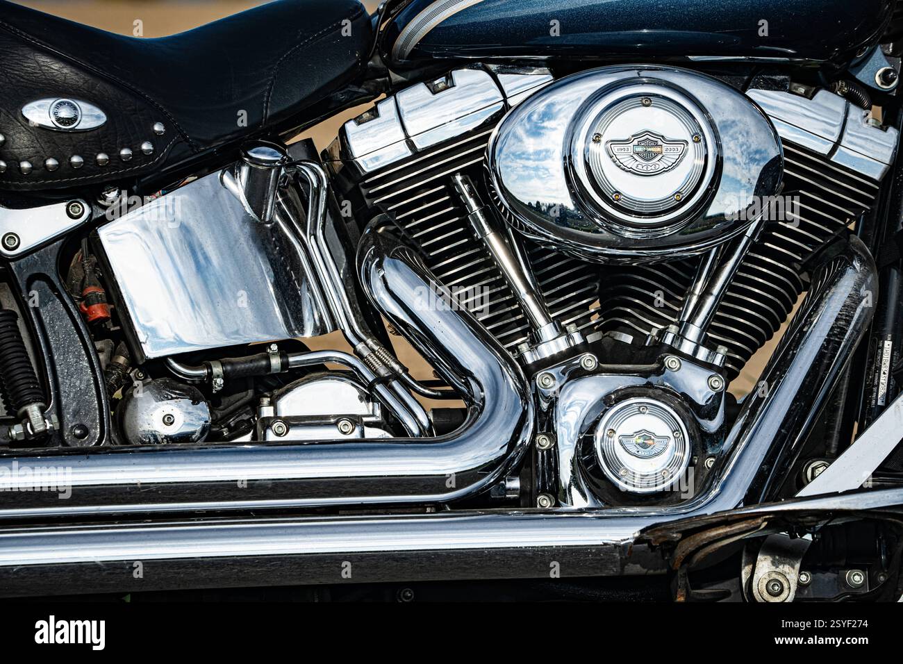 Motorblock einer legendären Harley-Davidson, Nahaufnahme. Kultige ...