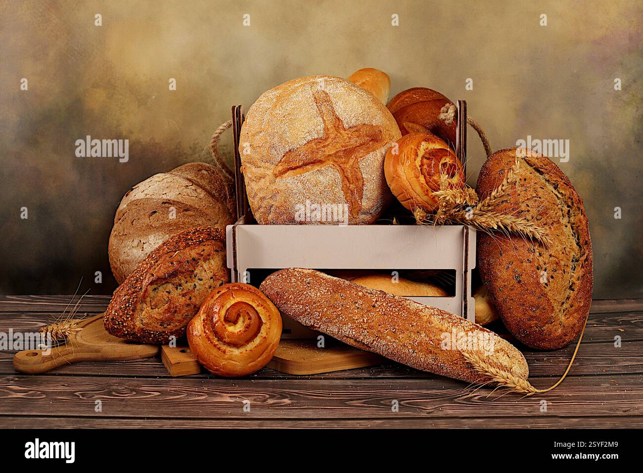 Whole grain homemade bread, different types of round sourdough bread ...